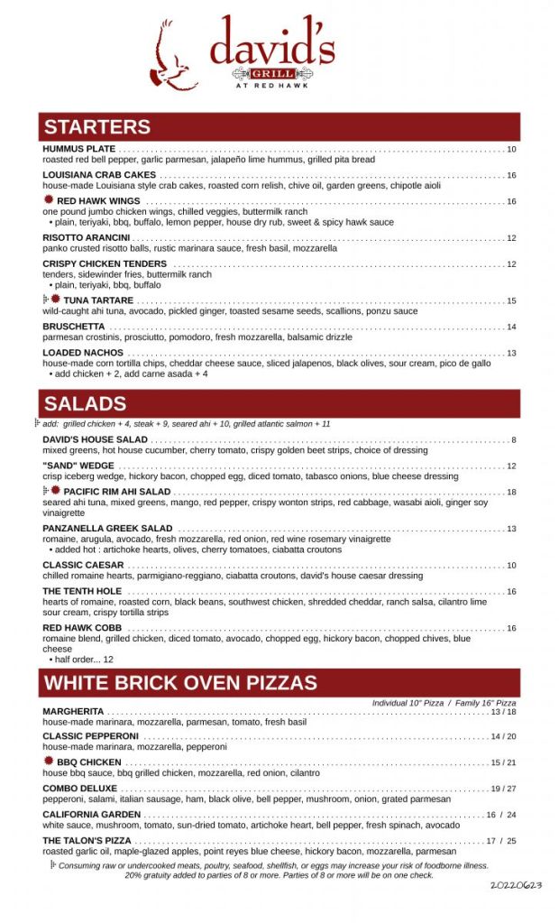 David's Menu - Red Hawk Golf and Resort - Lakes
