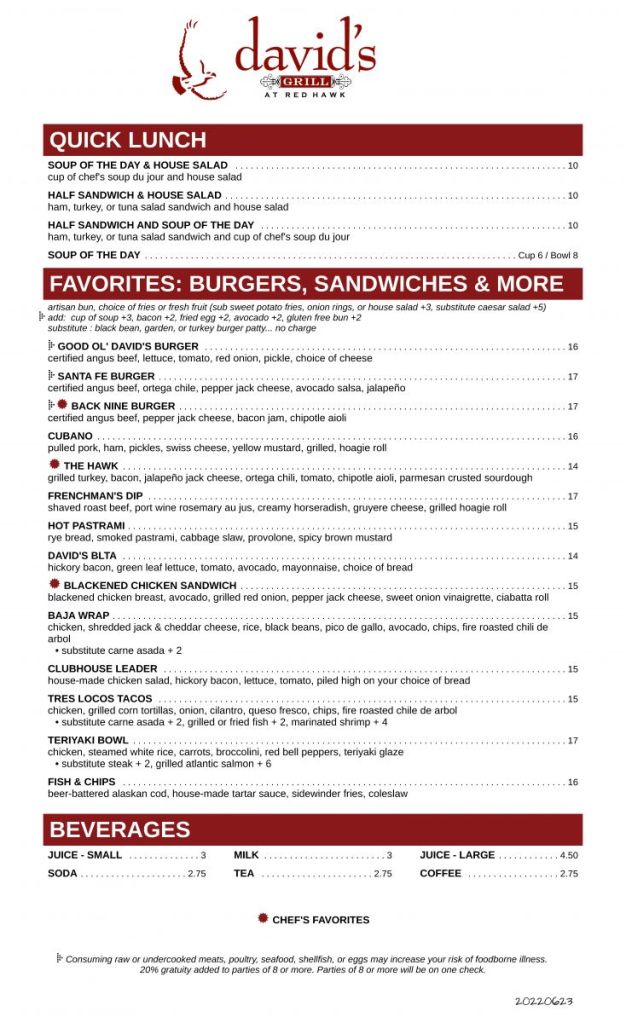 David's Menu - Red Hawk Golf and Resort - Lakes