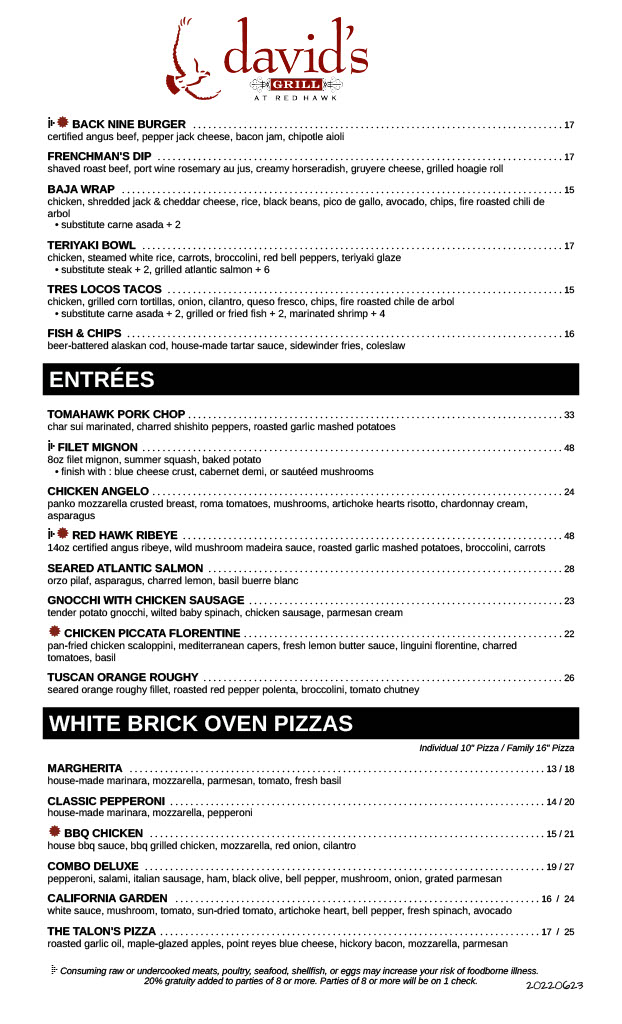 David's Menu - Red Hawk Golf and Resort - Lakes