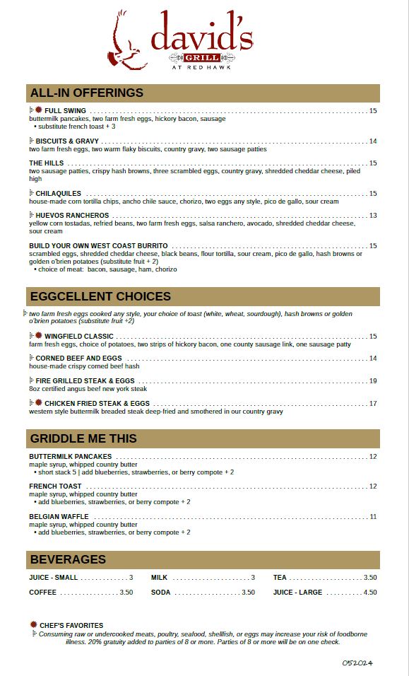 David's Menu - Red Hawk Golf and Resort - Lakes