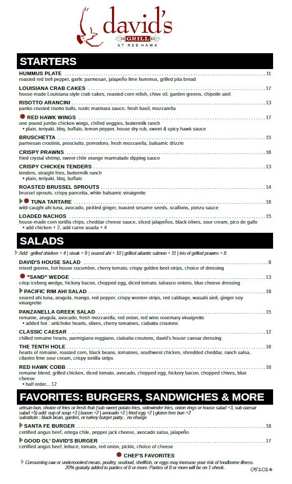 David's Menu - Red Hawk Golf and Resort - Lakes