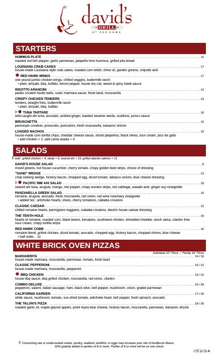 David's Menu - Red Hawk Golf and Resort - Lakes