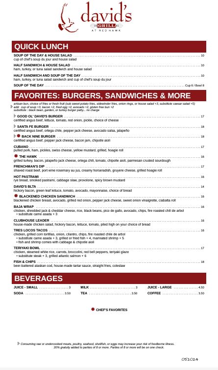 David's Menu - Red Hawk Golf and Resort - Lakes