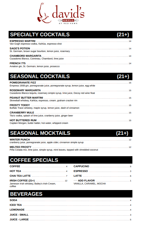 David's Menu - Red Hawk Golf and Resort - Lakes