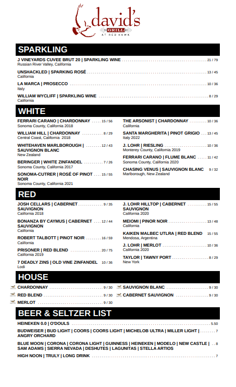 David's Menu - Red Hawk Golf and Resort