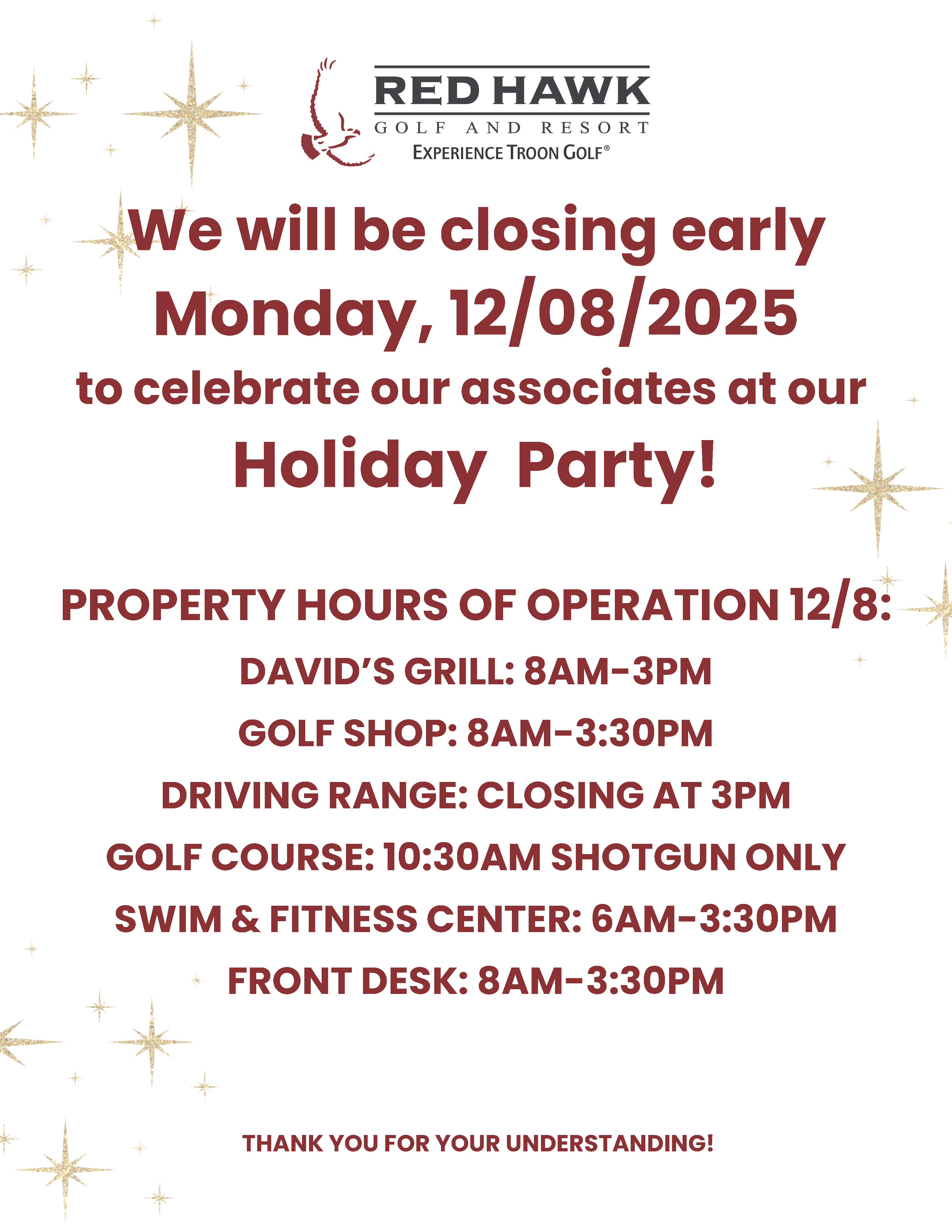 Closing Early for Holiday Party! - Red Hawk Golf and Resort